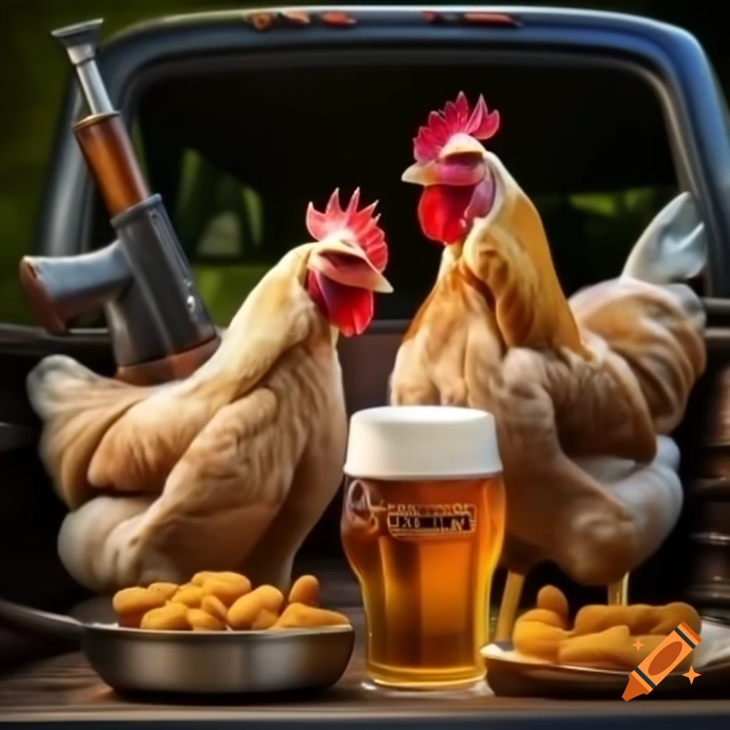 Chickens driving a truck with beer, gun, and chicken nuggets on Craiyon