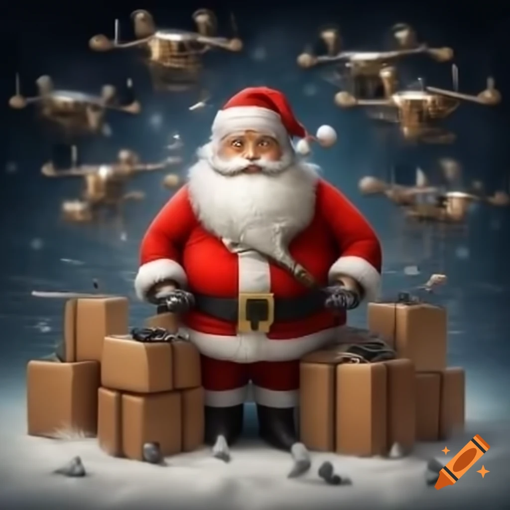 Santa Claus delivering packages with robotic reindeer and drones on Craiyon
