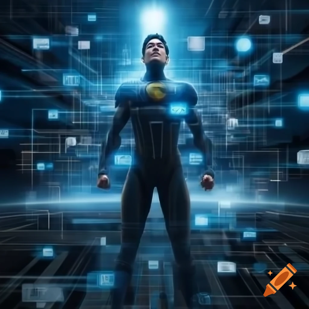 Superhero surrounded by digital data and cloud icons representing AI on ...