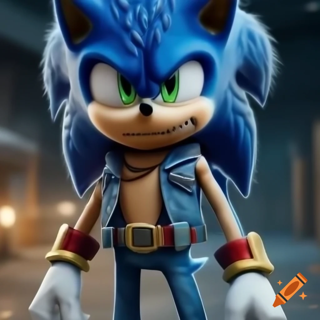 Sonic the Hedgehog character in jeans and denim jacket, highly detailed ...