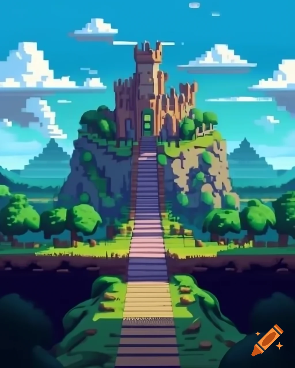 Pixel art mobile game background with stone pathway leading to castle ...