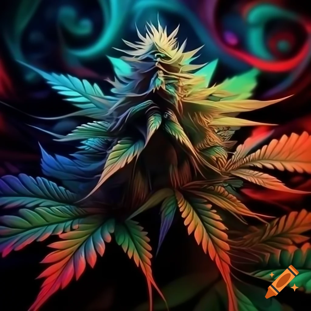 Vibrant psychedelic artwork with cannabis leaves and swirling colors on Craiyon