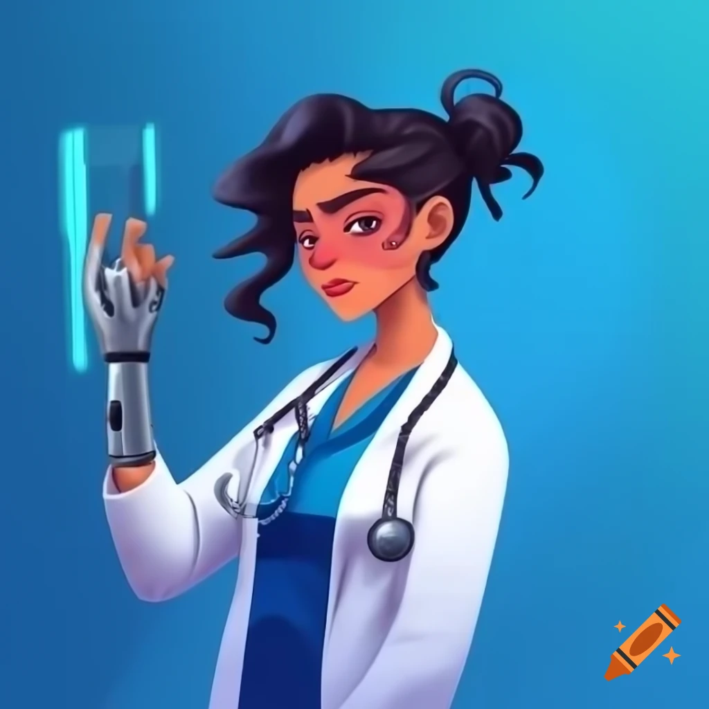 Cyberpunk female doctor with cybernetic arm, looking tired on Craiyon