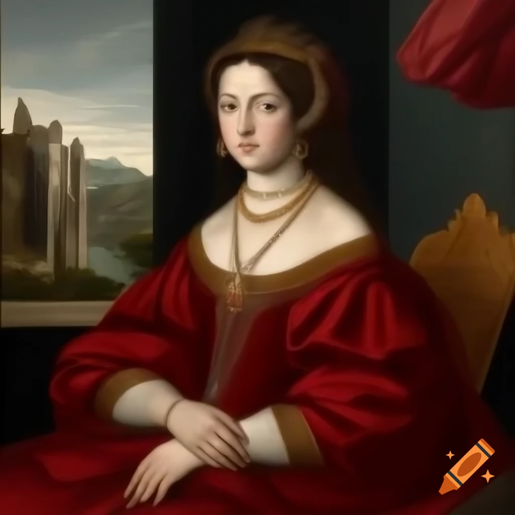 Portrait of 20-year-old italian princess in crimson gown with gold ...