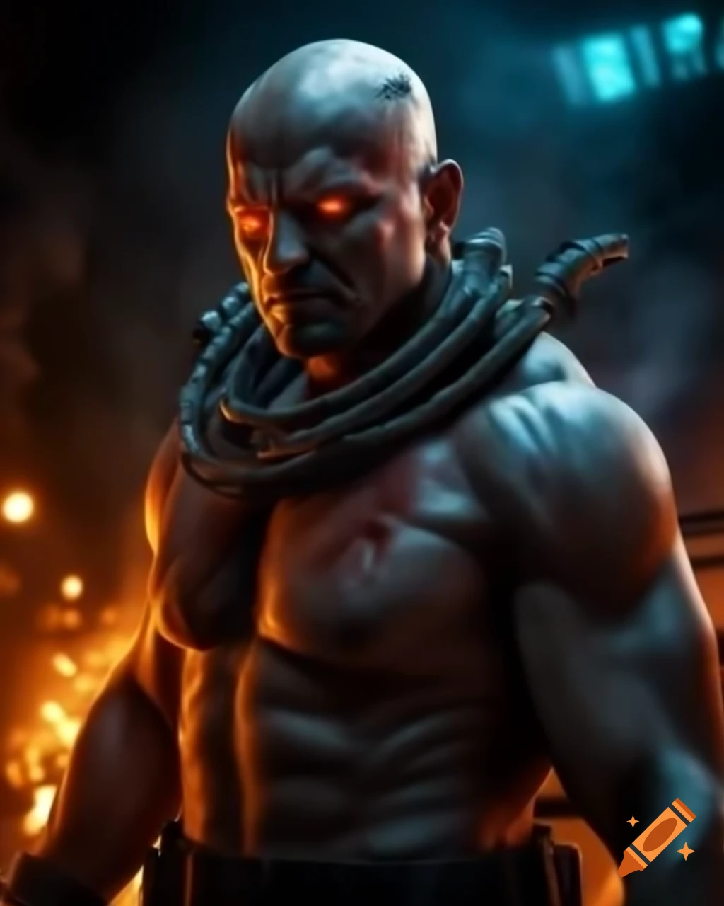 Futuristic dystopian scene with muscular bald man in rusted collar and ...