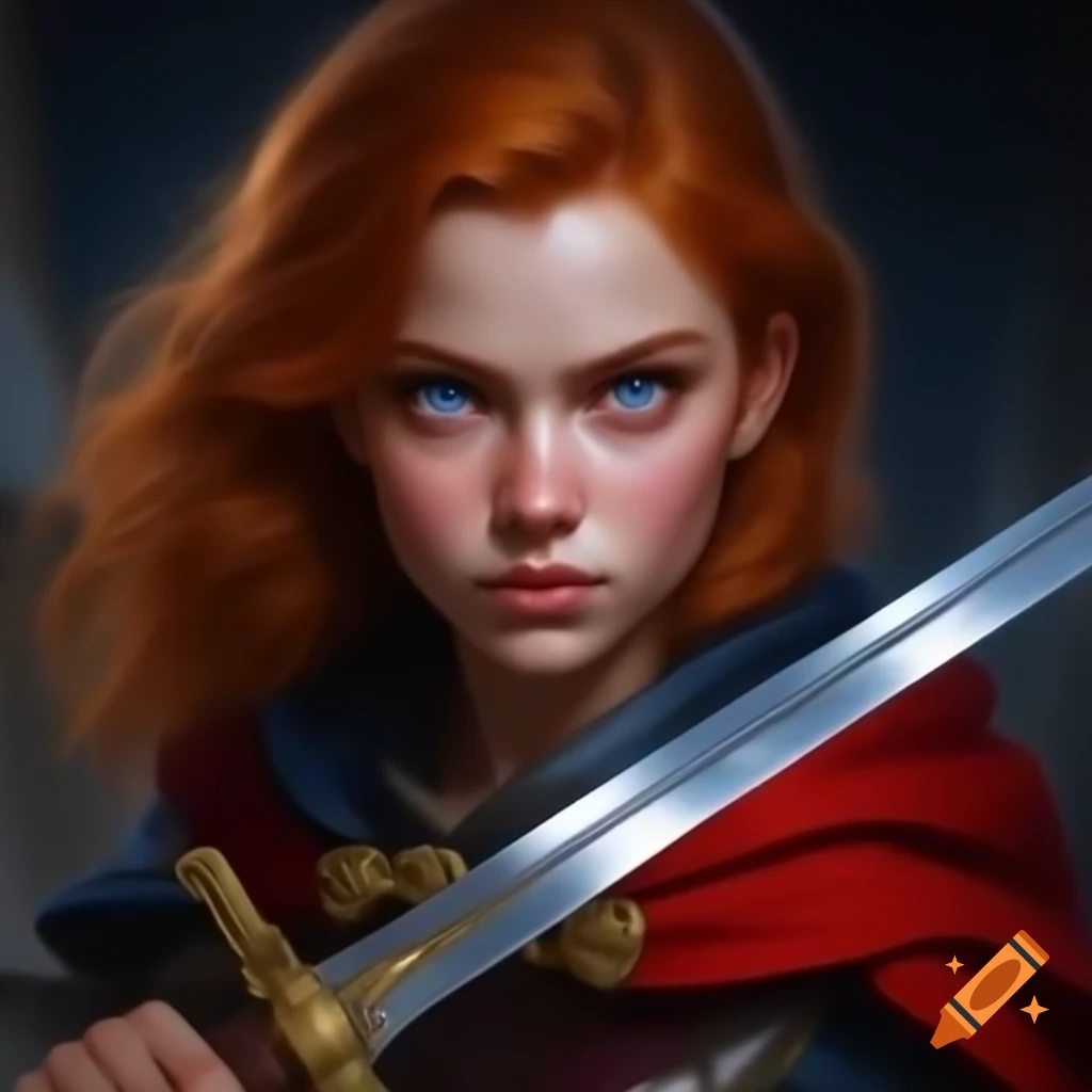 Hyper realistic young swordswoman with auburn hair and red cloak ...