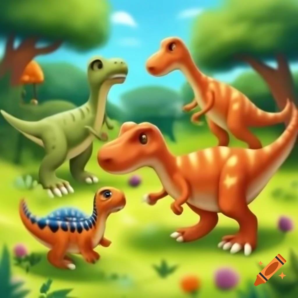 Realistic tiny dinosaurs playing in a park, showcasing unique traits on ...