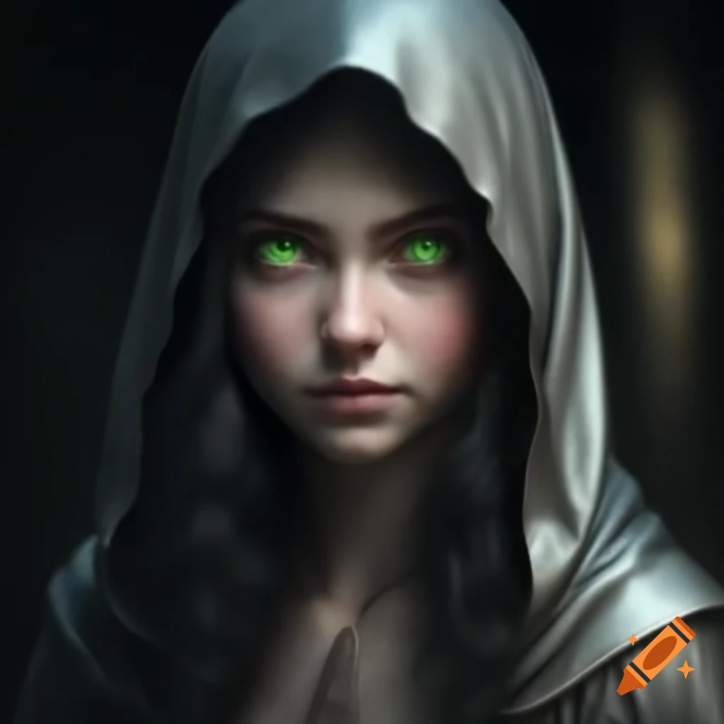 Noble maiden in silver robes with black hair and subtle green eyes ...