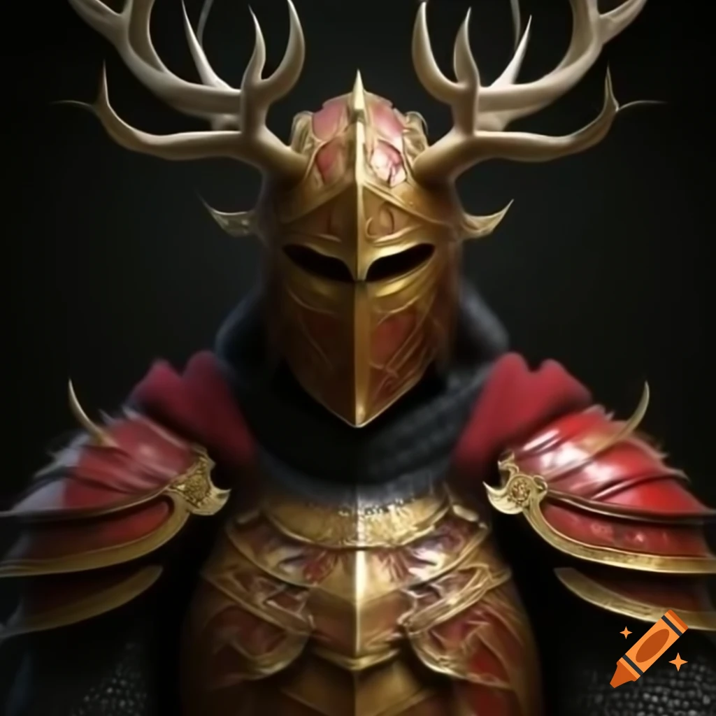 Majestic plate armor in red and gold with antlers on Craiyon