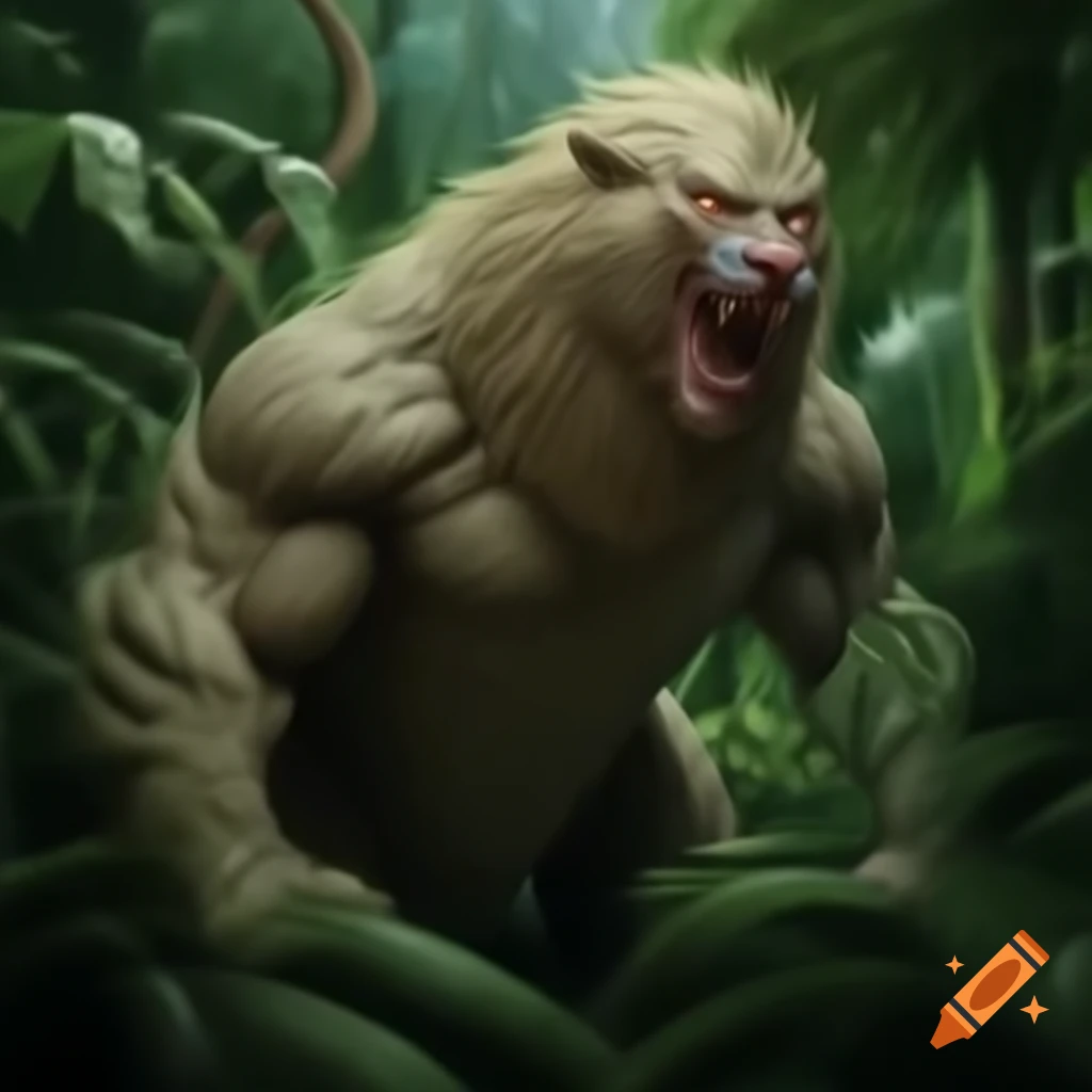 Muscular hybrid creature of penguin and lion in jungle setting on Craiyon