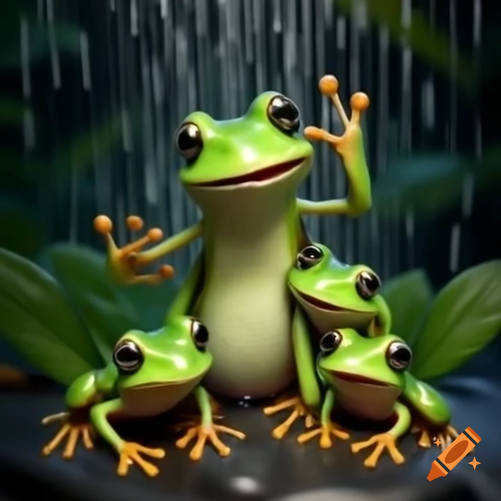Happy family of green tree frogs playing in rain among vibrant plants ...