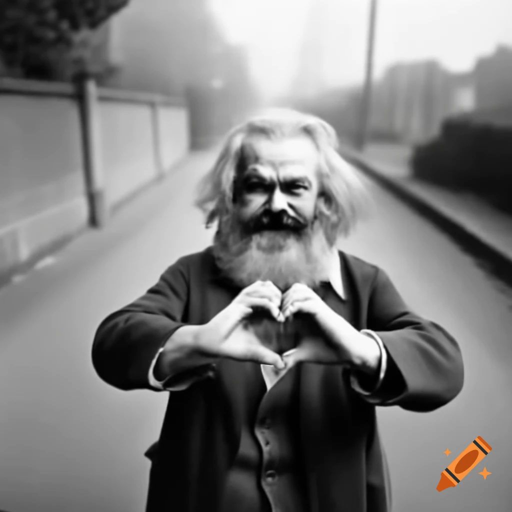 Karl Marx making a heart sign with his hands in a playful manner on Craiyon