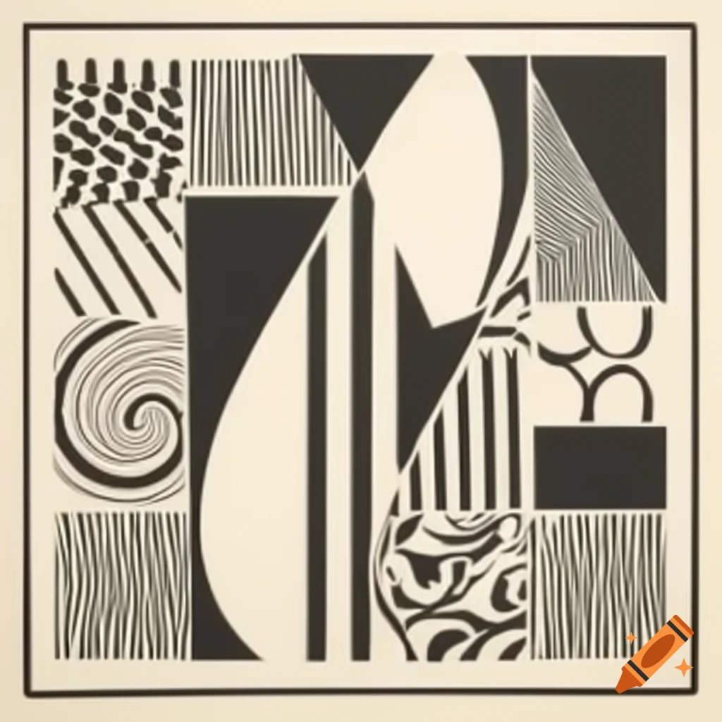 Vintage-inspired linocut print featuring geometric abstract shapes and ...