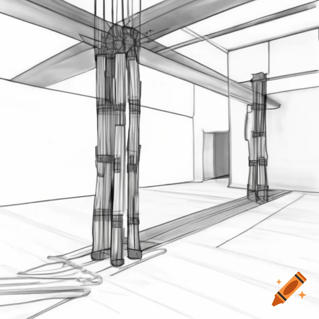 Sketch of bamboo column connected to concrete foundation with beams on ...