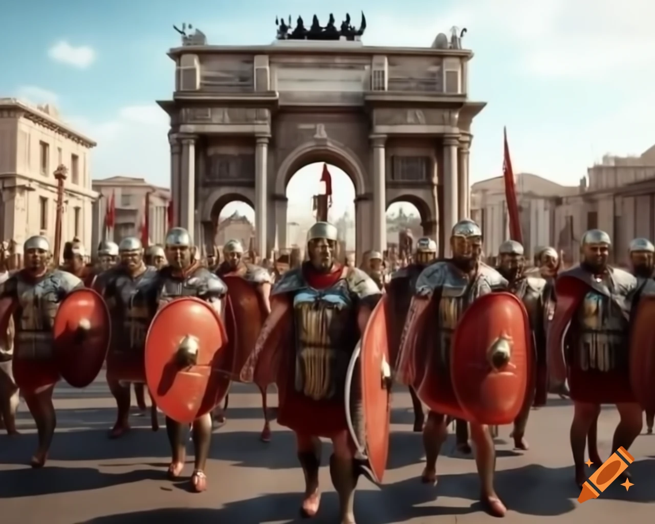 Roman legion marching through grand arch with soldiers in bronze and ...