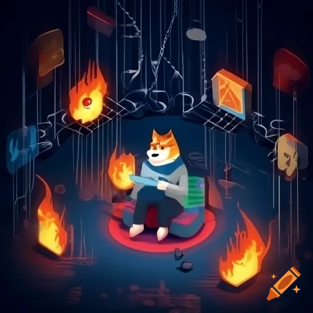 Doge coin character in chaotic data center with malfunctioning servers ...