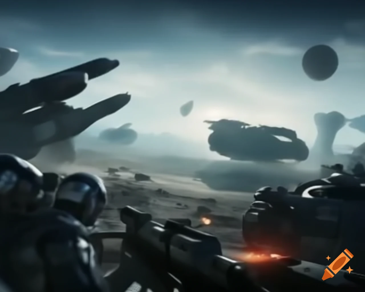 80s sci-fi ground battle on alien planet with fighting units and ...