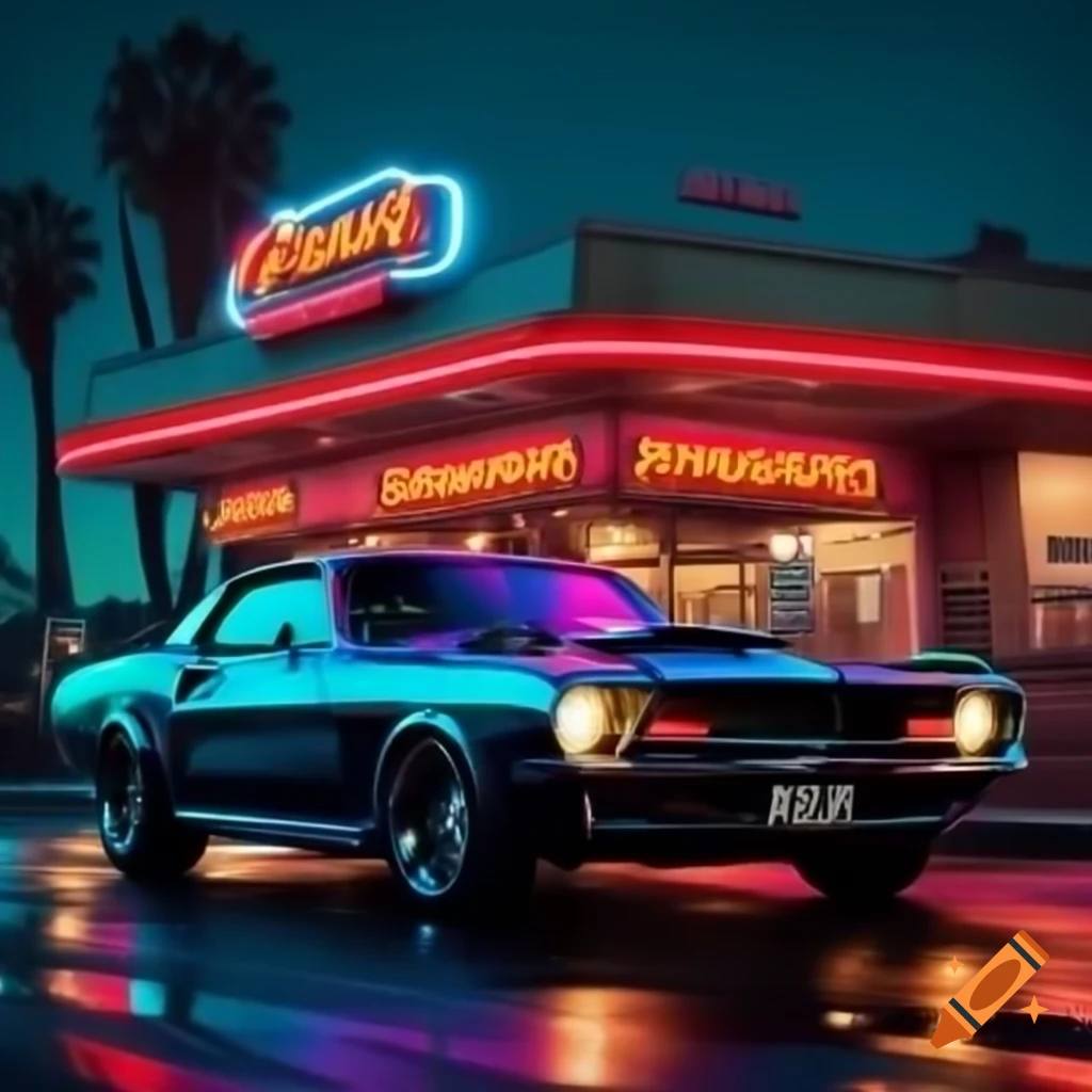 Classic 1960s muscle car in front of retro diner with glowing neon ...