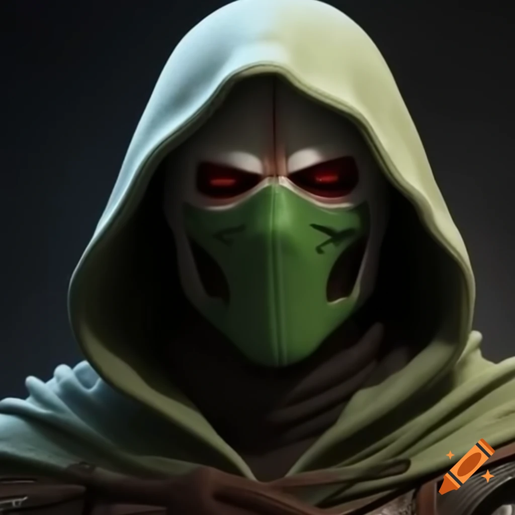 Hyper realistic green hooded mercenary with white mask and red eyes on ...