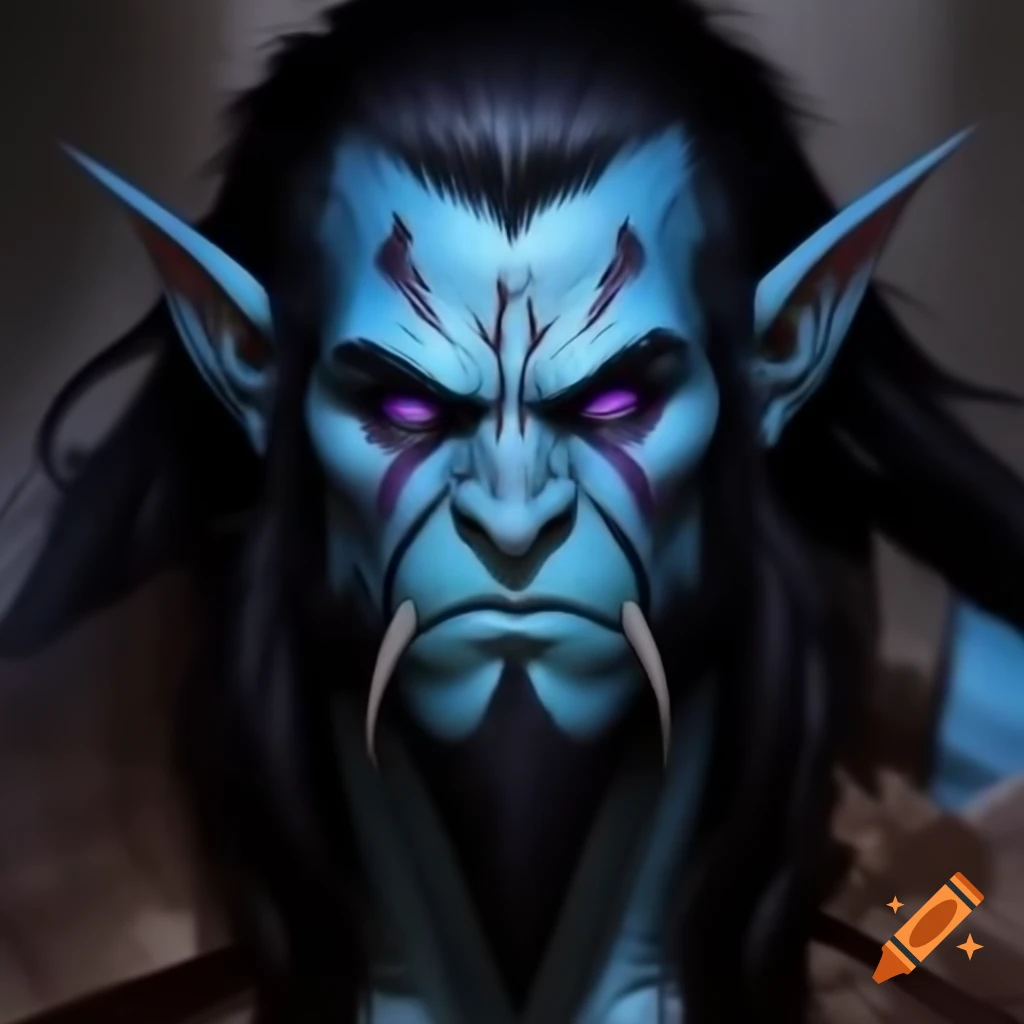 Striking blue-skinned orc man with violet eyes and tusks on Craiyon