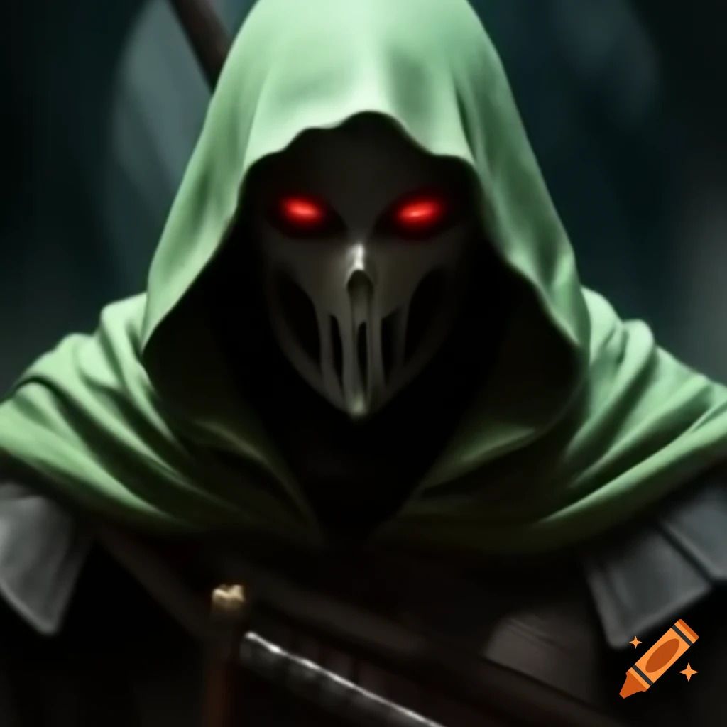 Hyperrealistic green hooded medieval mercenary with white mask and red ...
