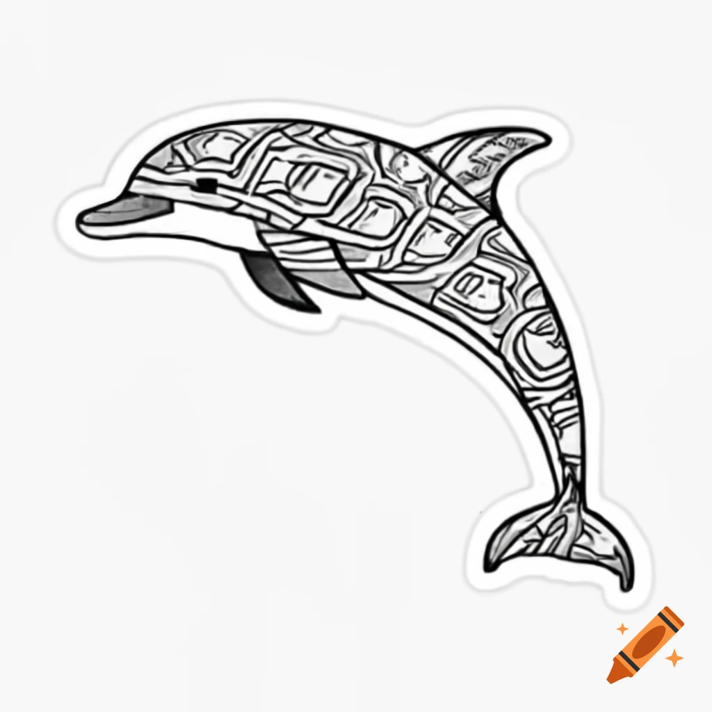 Dolphin with intricate line art pattern, thick lines, no color on Craiyon