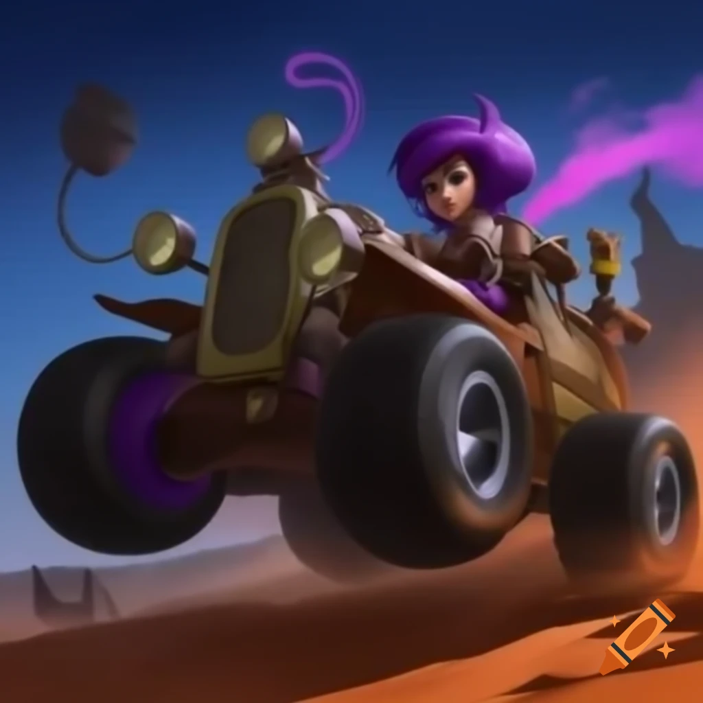 Steampunk race car with large wheels racing in desert at night, woman ...