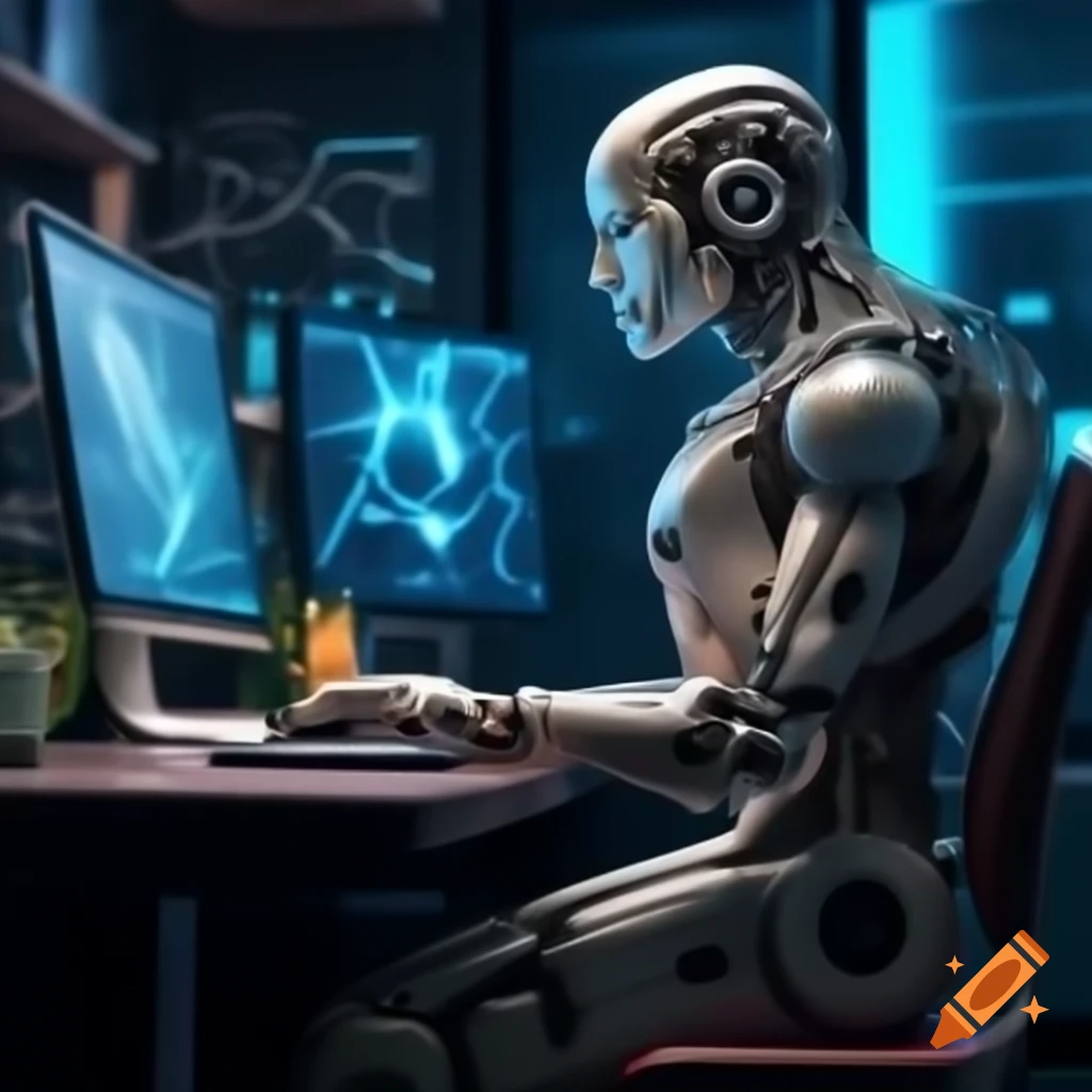 Diverse humanoid ai at high-tech computer workstation, blending ...