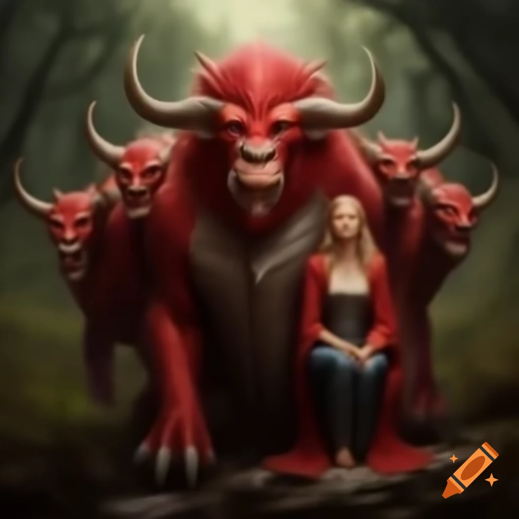 Vision of a woman on a scarlet beast with seven heads and ten horns in ...