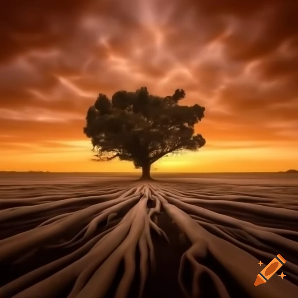 Lone tree silhouetted against vibrant orange sunset on Craiyon