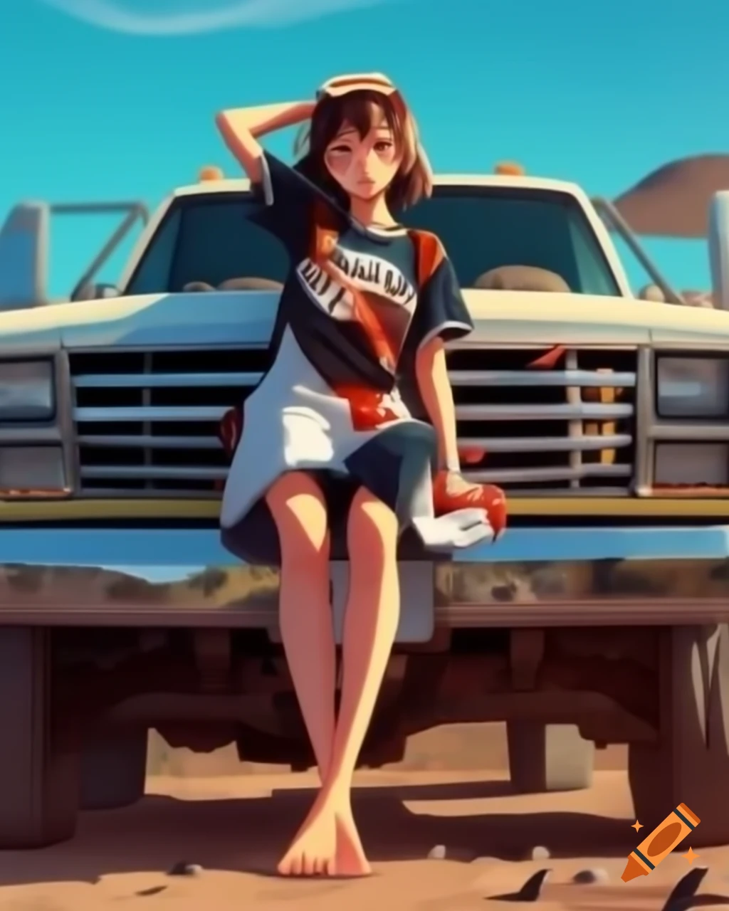 Anime young woman in motocross outfit leaning against pickup truck on ...