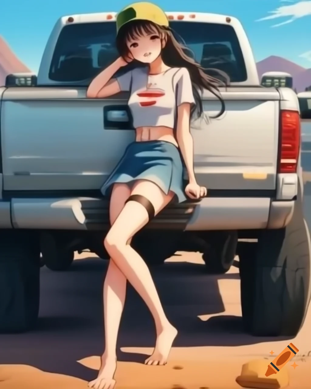 Anime young woman in motocross outfit leaning against pickup truck on ...