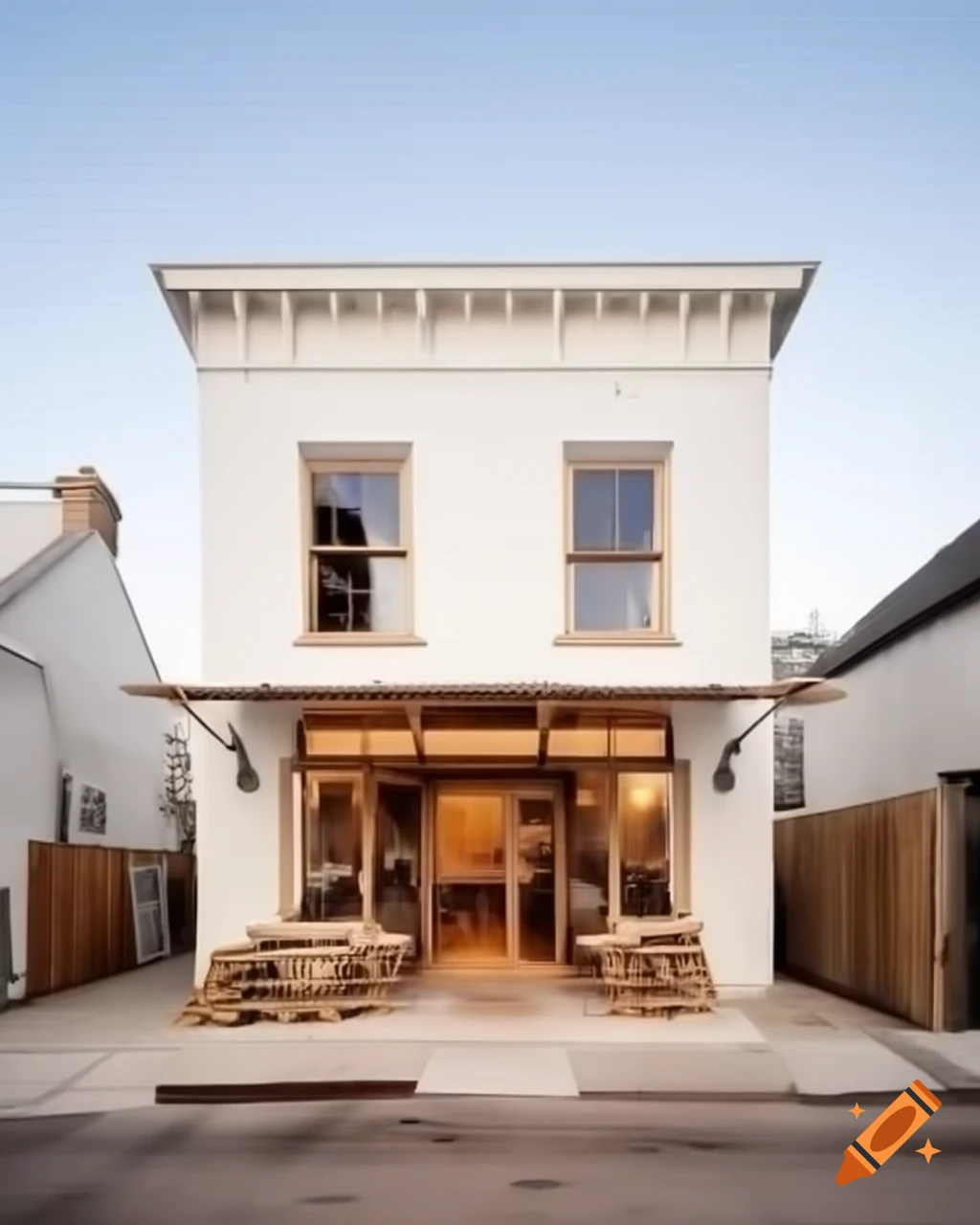 Charming two-story cafe with white brick and wooden window frames on ...