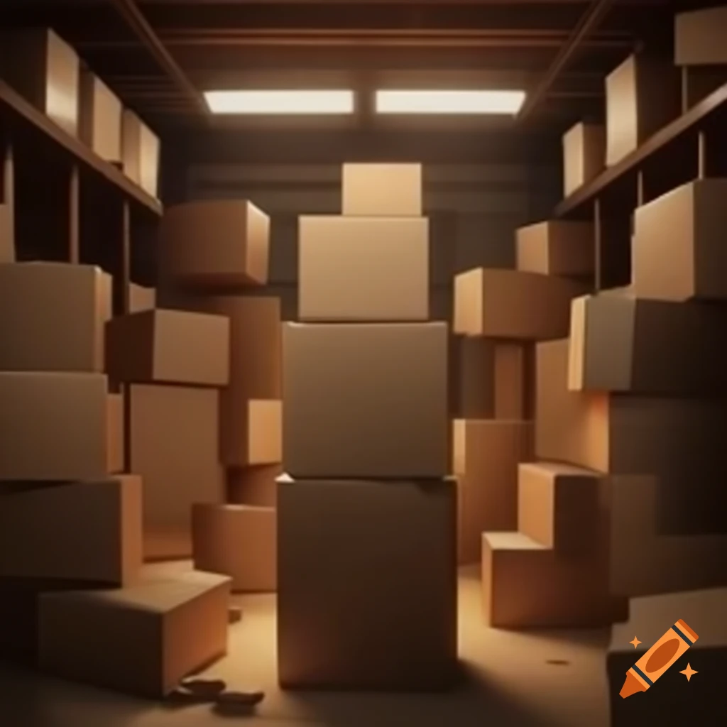 Room filled with various boxes on Craiyon