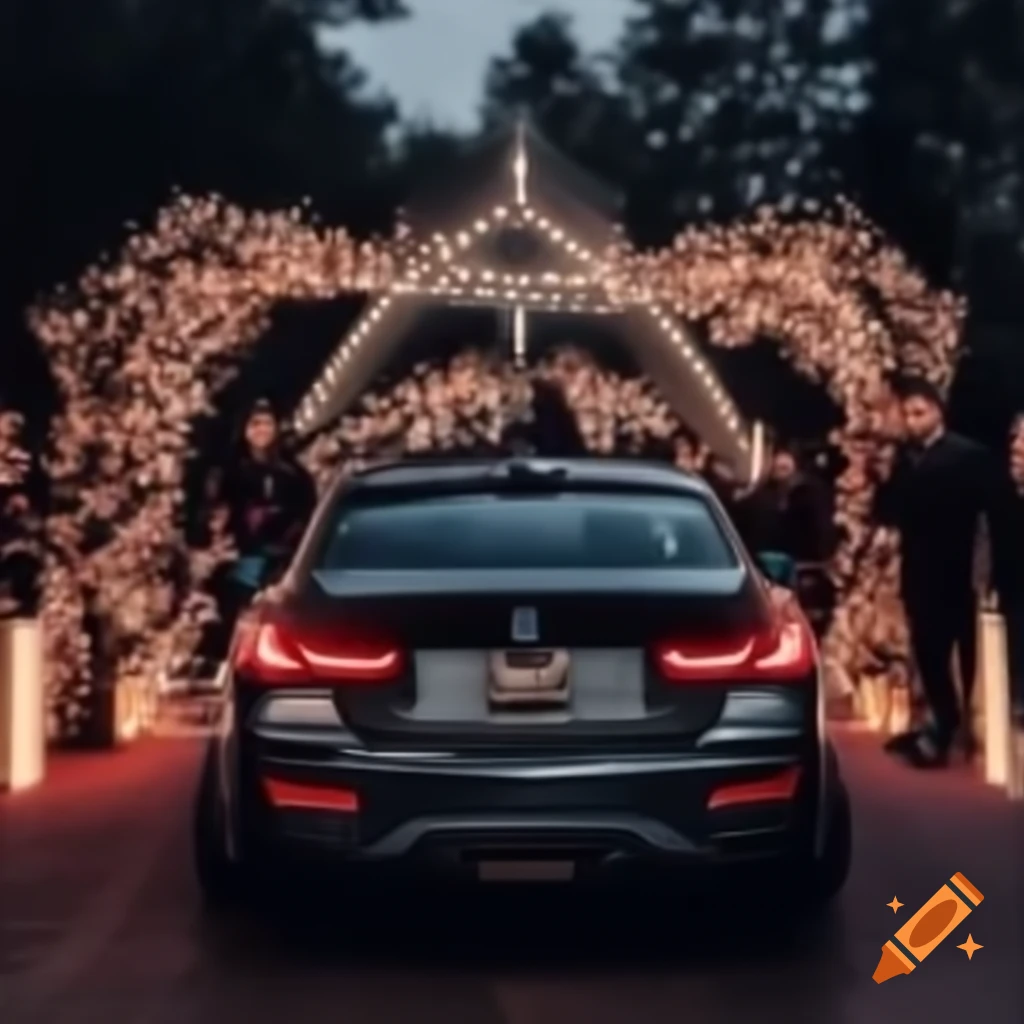 Black bmw m8 with glowing red headlights near festive new year's arch ...