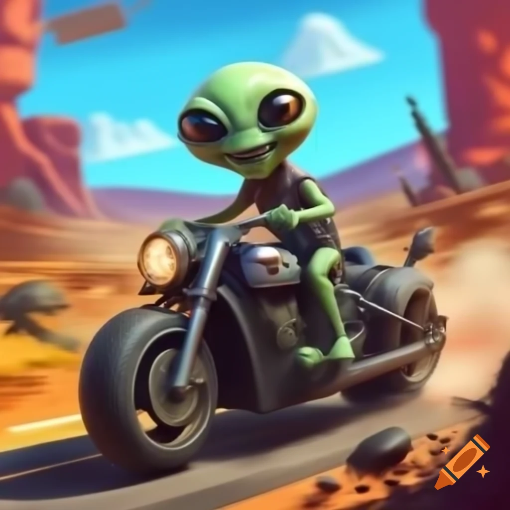 Cheerful alien riding futuristic motorcycle down highway on Craiyon