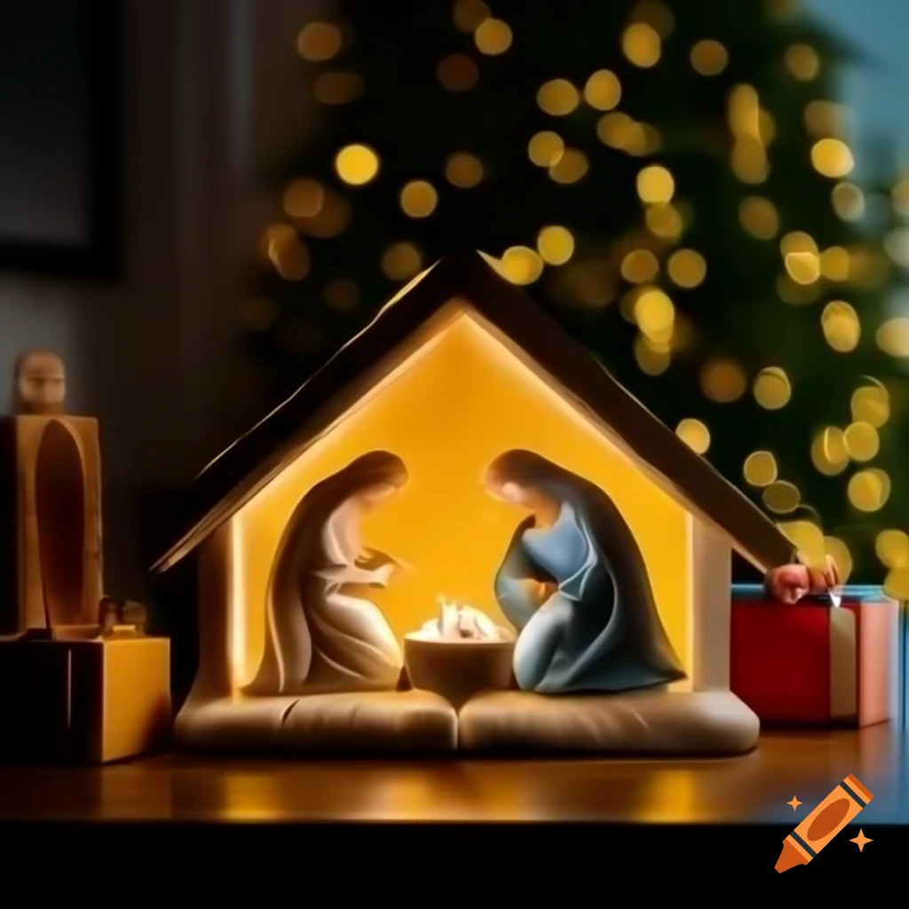 Modern nativity scene in contemporary setting with warm lighting on Craiyon