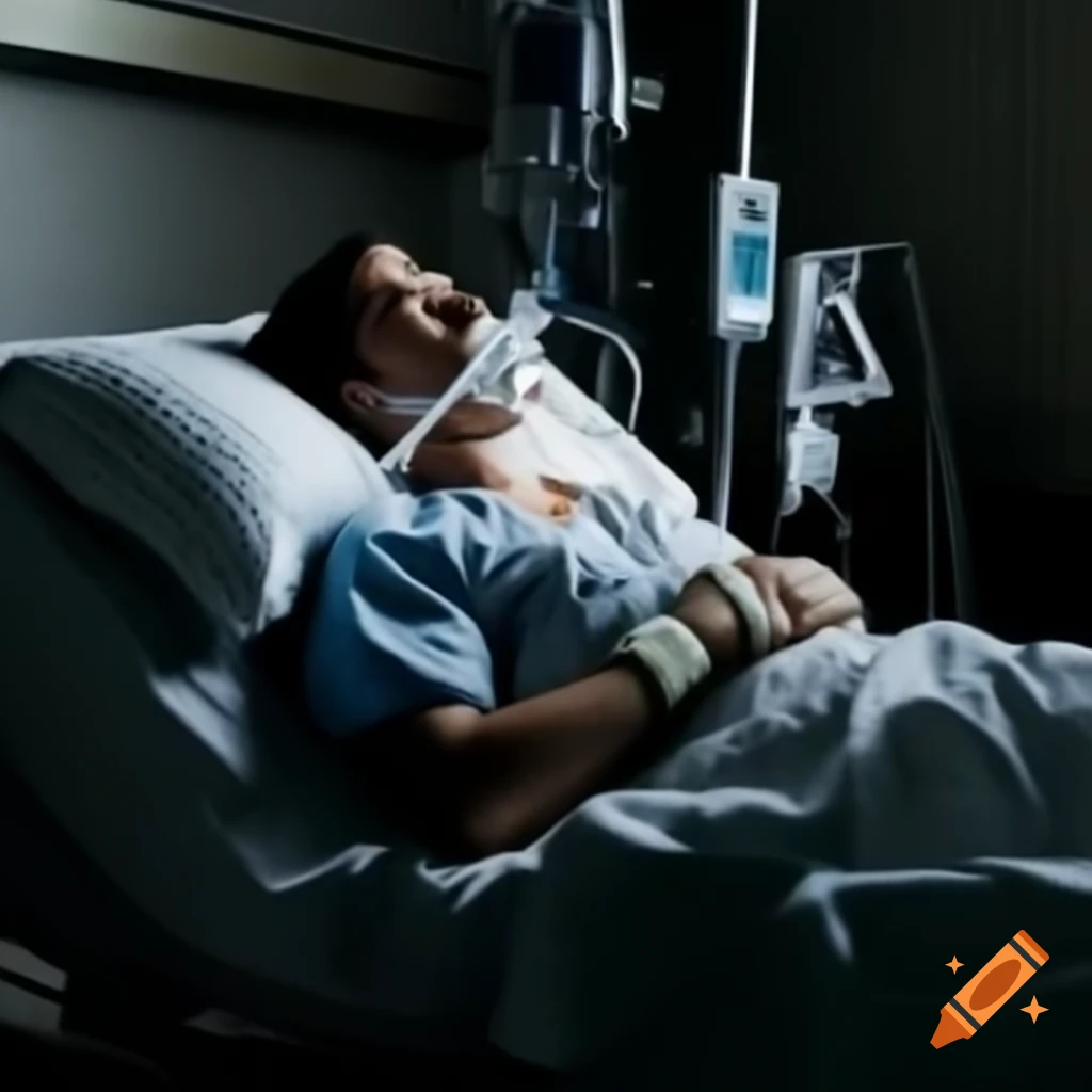 Man in coma with respiration tube in dark hospital room on Craiyon