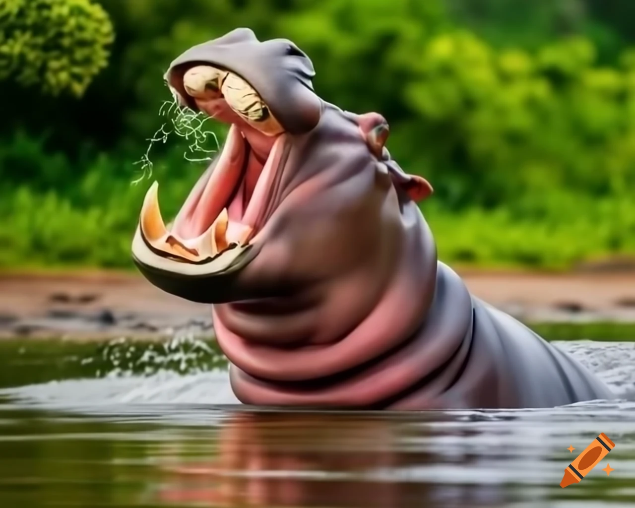 Young hippopotamus splashing in Congo jungle river with hornbill ...