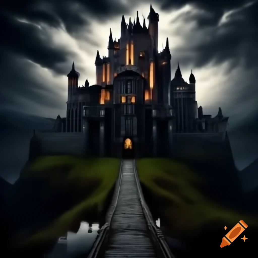 Dark medieval castle during thunderstorm in photorealistic style on Craiyon