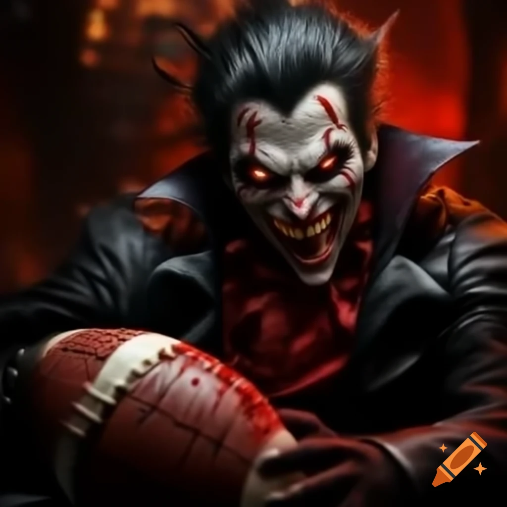 Fierce vampire with glowing red eyes resting on football, holding ...