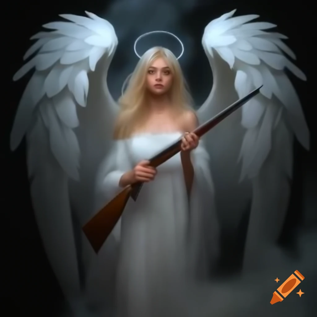 Ethereal angel with shotgun and flowing dress, dramatic imagery on Craiyon