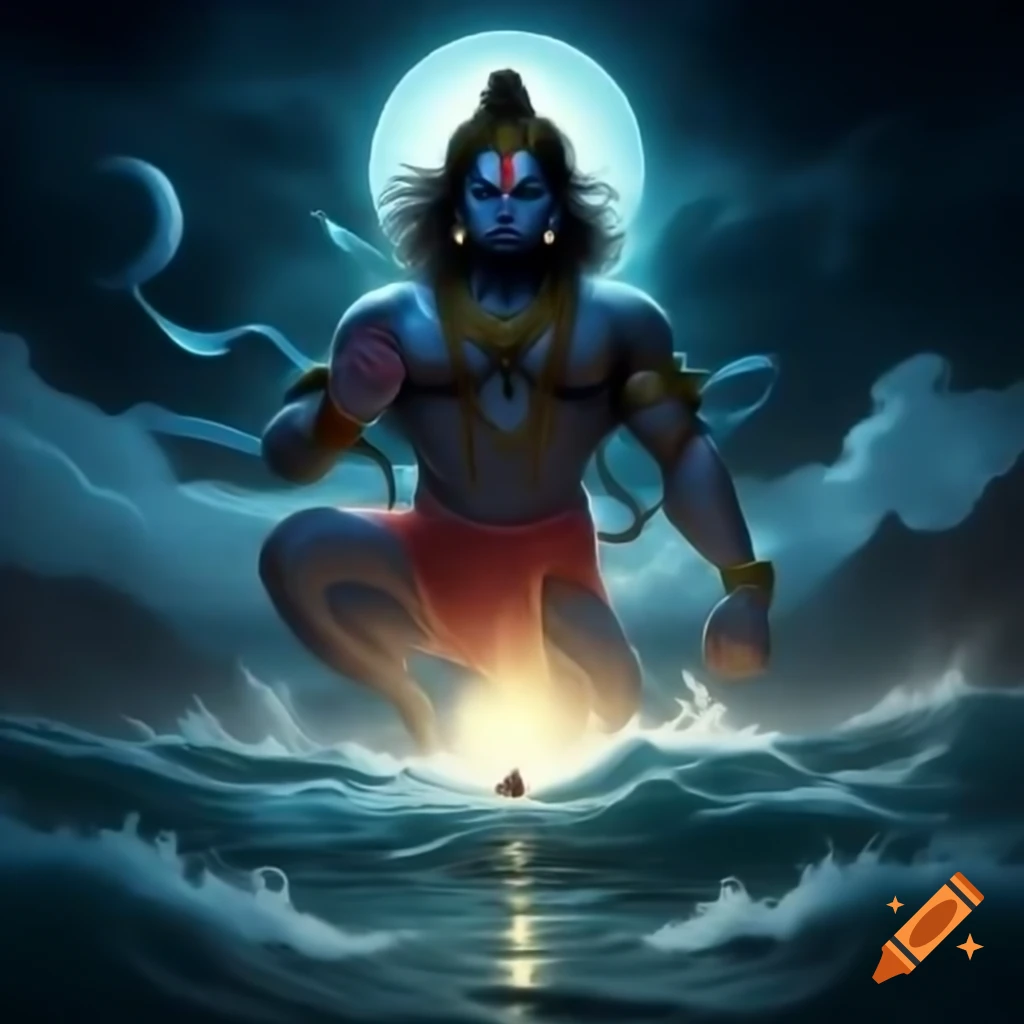 Hanuman flying over ocean with glowing moon and waves on Craiyon