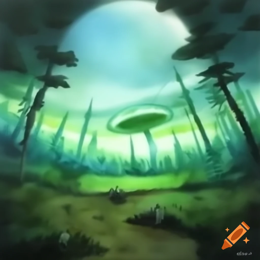 Watercolor painting of alien forest on distant planet with unique life ...