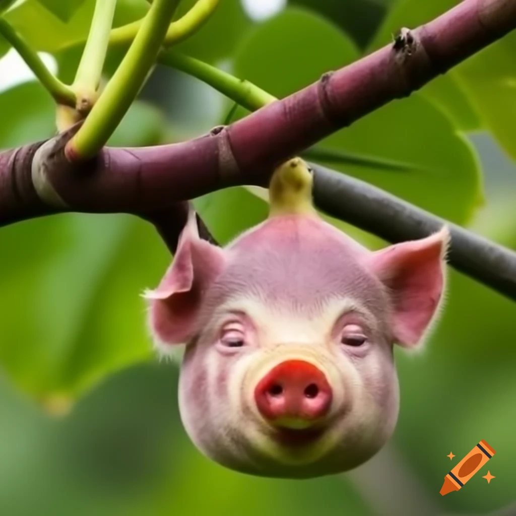 Unique hybrid of pig and fig hanging from fig tree on Craiyon