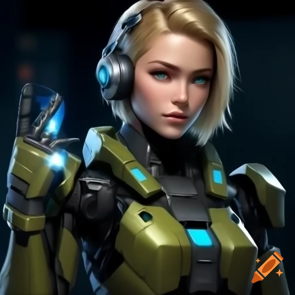 Female in mech suit interacting with control panel in futuristic battle ...