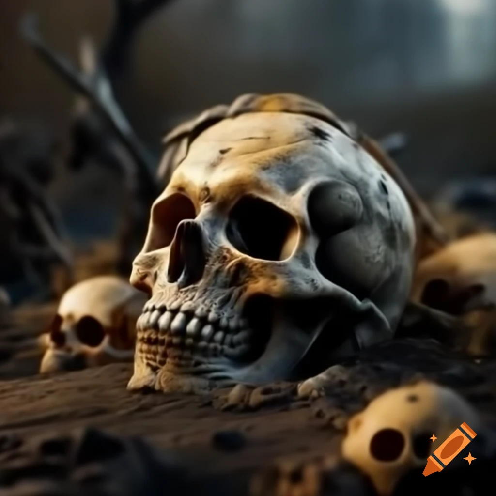 Post-apocalyptic landscape with skulls scattered on the ground on Craiyon