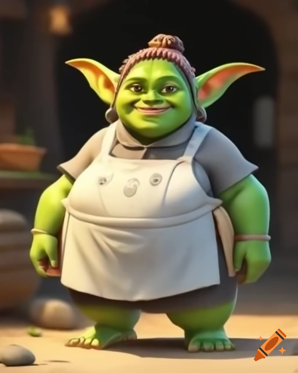 Cheerful chubby green-skinned goblin woman in village wearing button ...