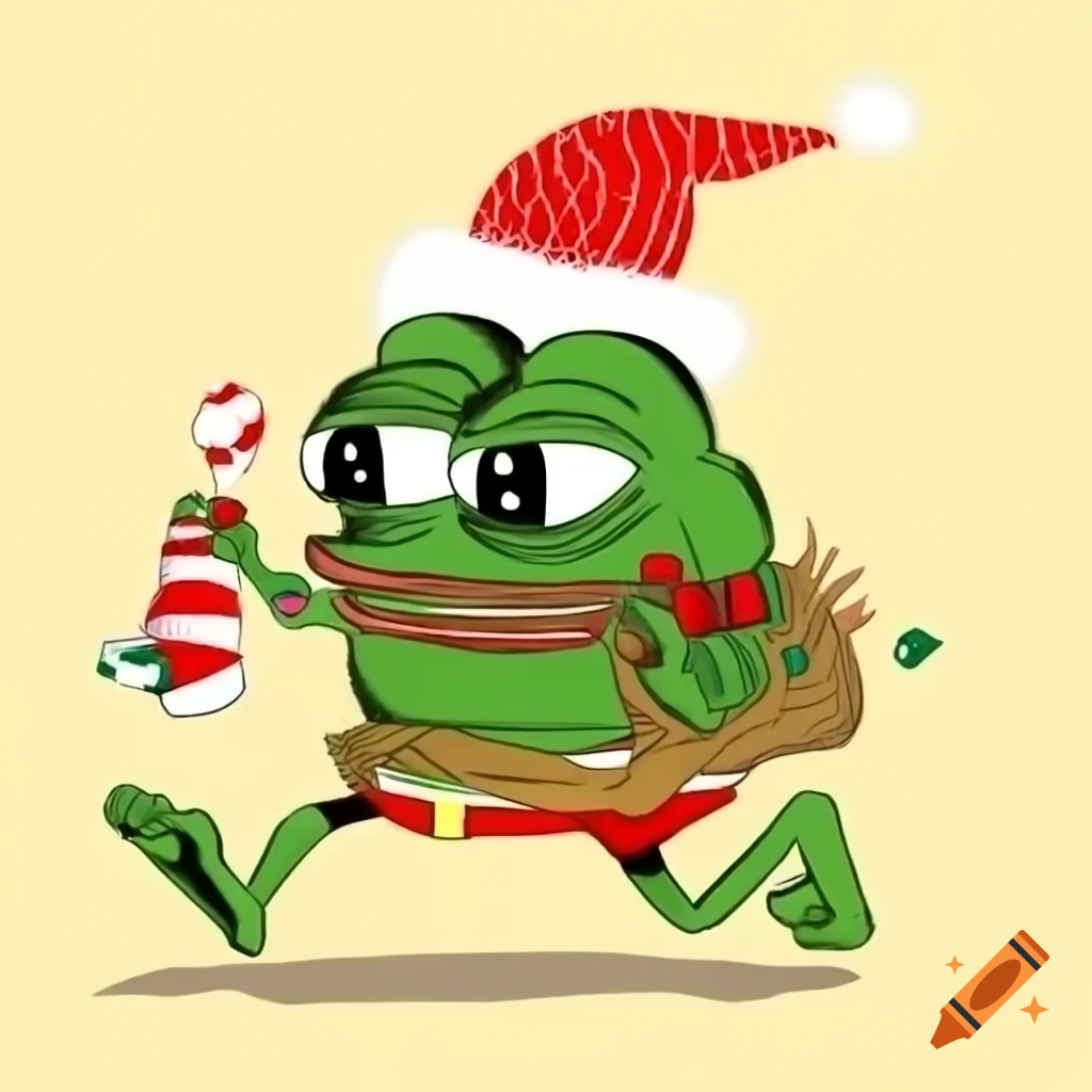 Green Pepe crypto character carrying Christmas bag with Santa's head ...