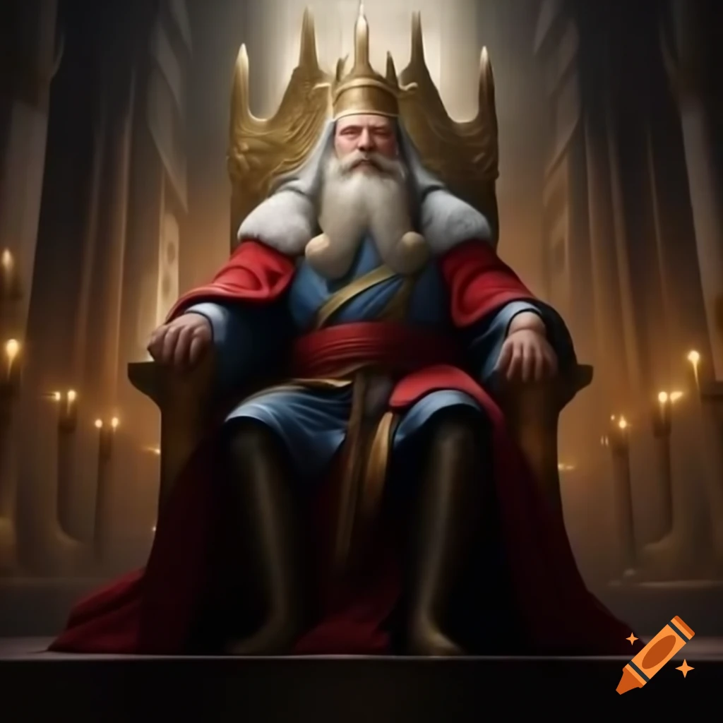 Medieval king on golden throne in palace hall consulting his minister ...